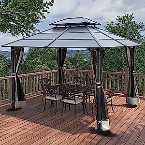 MONDAWE 10x12Ft Hardtop Gazebo Double Roof Permanent Gazebo Steel Frame Canopy Outdoor Pavilion Heavy Duty for Patio Lawn Garden with Curtains and Netting,Black