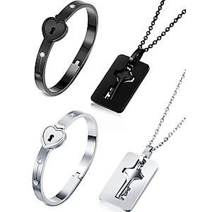 Hicarer 2 Sets Couple Heart Charm Lock Bracelet and Key Necklace Lock Matching Bangle Titanium Steel Couples Jewelry Set for Valentine's Day Wedding Anniversary (Classic Styles)