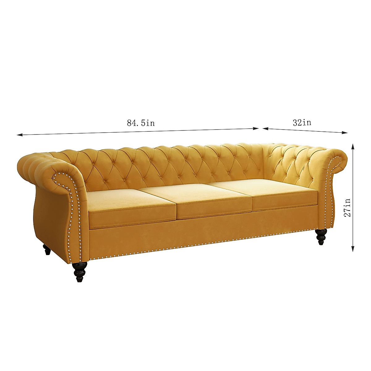 QHITTY Accent Large Sofa, Chesterfield Couch 3 Seater Modern Velvet Couch Upholstered Sofa with Tufted Back for Living Room Furniture (Mango)