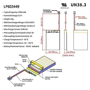 EEMB Lithium Polymer Battery 3.7V 1100mAh 603449 Lipo Rechargeable Battery with Wire JST 2.0mm Connector for Speaker and Wireless Device- Confirm Device & Connector Polarity Before Purchase