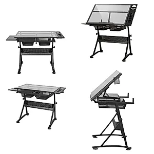 EESHHA Drawing Table Drafting Table with Storage, Height Adjustable Tiltable Art Desk, Glass Panel Drawing Desk, for Work Study Painting Craft Table