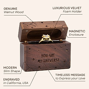 MUUJEE You Are My Universe Engraved Wooden Ring Box, Slim Engagement Proposal Ring Holder, Wedding Ceremony Ring Bearer Box, Fiance Gift Ideas