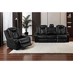 A Ainehome Living Room Furniture Power Recliner Set, Leather Sectional Sofa Set for Living Room, Home Theater, with LED Lights, Hide-Away Storage, Wireless Charging(B-Black,Sofa+Chair)