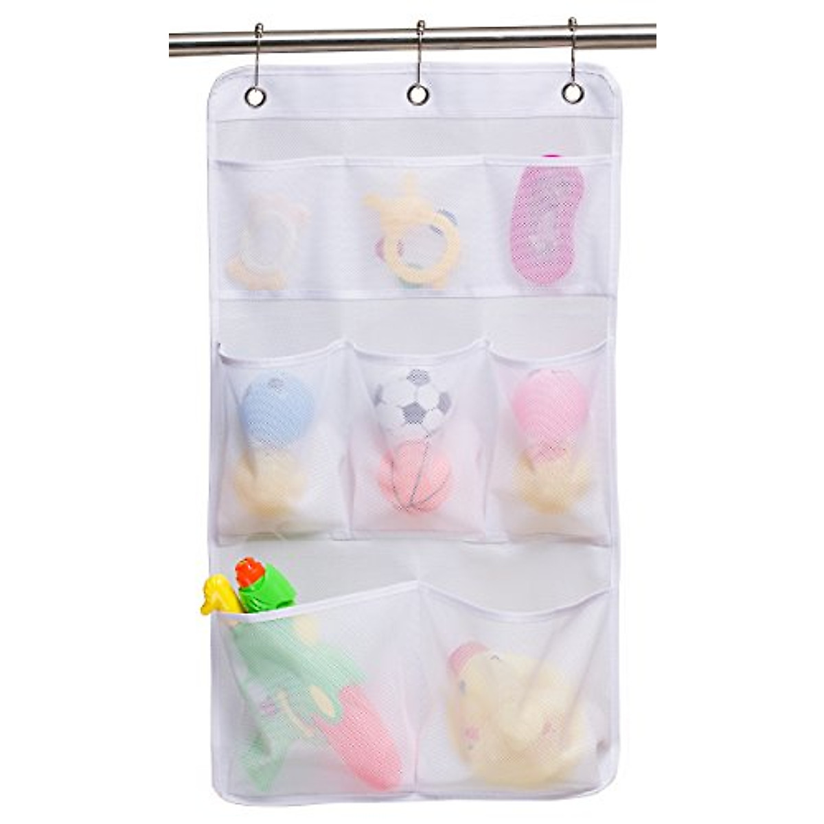 KIMBORA Mesh Shower Organizer Hanging Bathroom Caddy 8 Pockets Hang Curtain Rod with 3 Rings