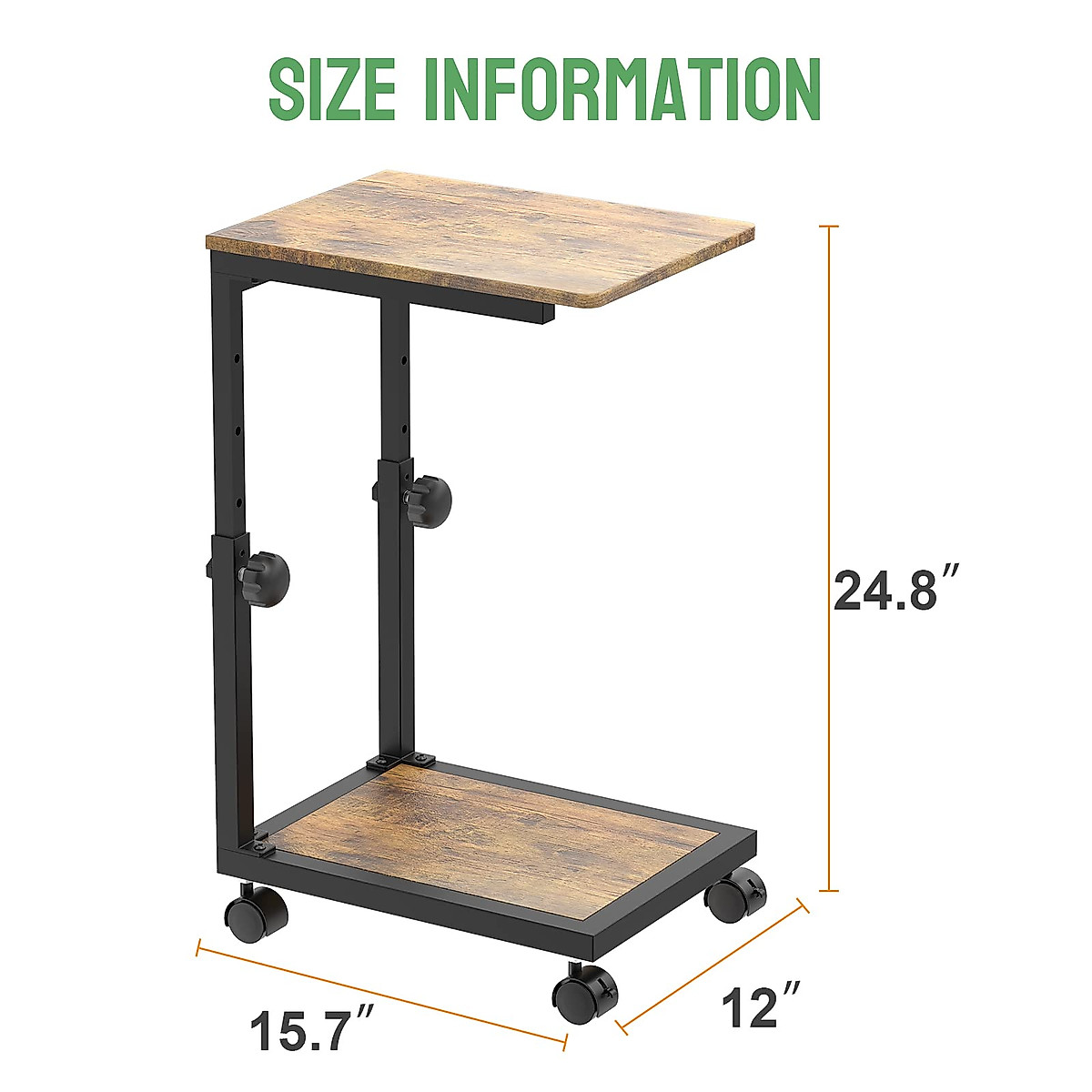 NATFAIRY C Shaped End Table with Rolling Wheels, Height Adjustable Sofa Side Table for Small Space Bedroom, Industrial TV Tray Couch Table Cart for Living Room, Retro Brown & Black