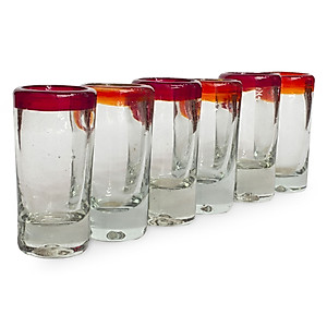 NOVICA Hand Blown Red Clear Recycled Glass Shot Glasses, 2 Oz 'Ruby Shot' (Set Of 6),3.7" H x 1.6" Diam.