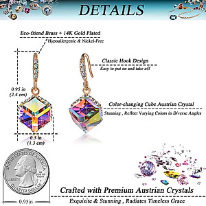 Austrian Crystal Cube Drop Dangle Earrings for Women 14K Gold Plated Hypoallergenic Jewelry (Rainbow/Rose Gold-tone)