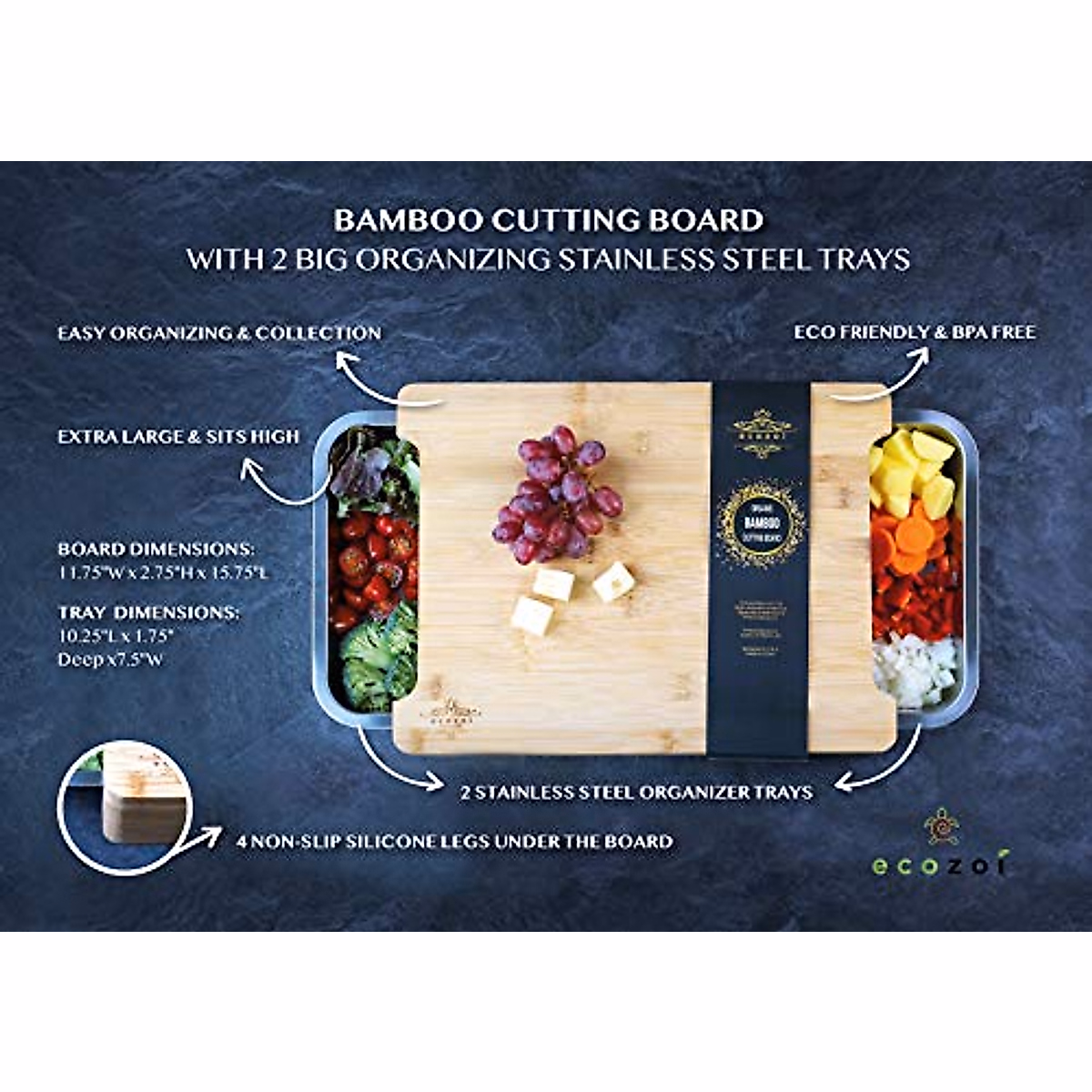 ecozoi Bamboo Cutting Board with Containers, Large Wood Cutting Board with Slide Out Trays, Eco Friendly Space Saver and Non Slip Chopping Board, Wooden Butcher Block with Pull Out Drawers