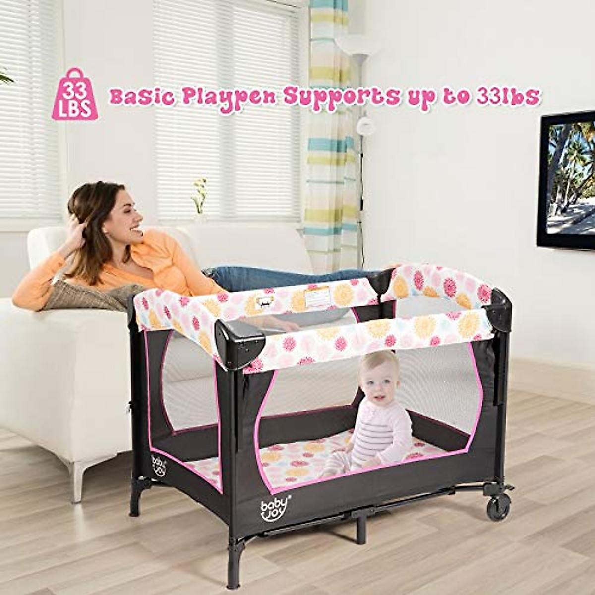 BABY JOY 4 in 1 Pack and Play, Baby Bedside Sleeper with Bassinet, 3 Adjustable Heights, Music Box, Easy to Install, Foldable Bedside Crib w/Changing Table, Playards from Newborn to Toddlers