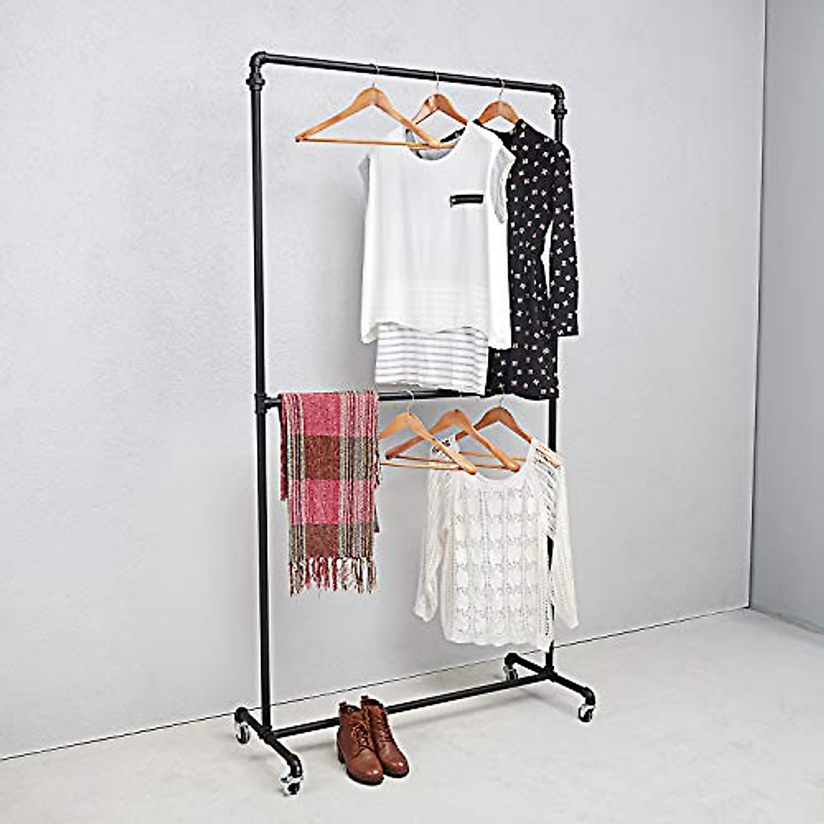 Industrial Pipe Clothing Racks on Wheels Double Hanging Rod Metal Clothing Rack,Heavy Duty Commercial Display Garment Rack,Vintage Retail Rack Hanging Weight Rack, Metal Ballet Rolling Racks,Black