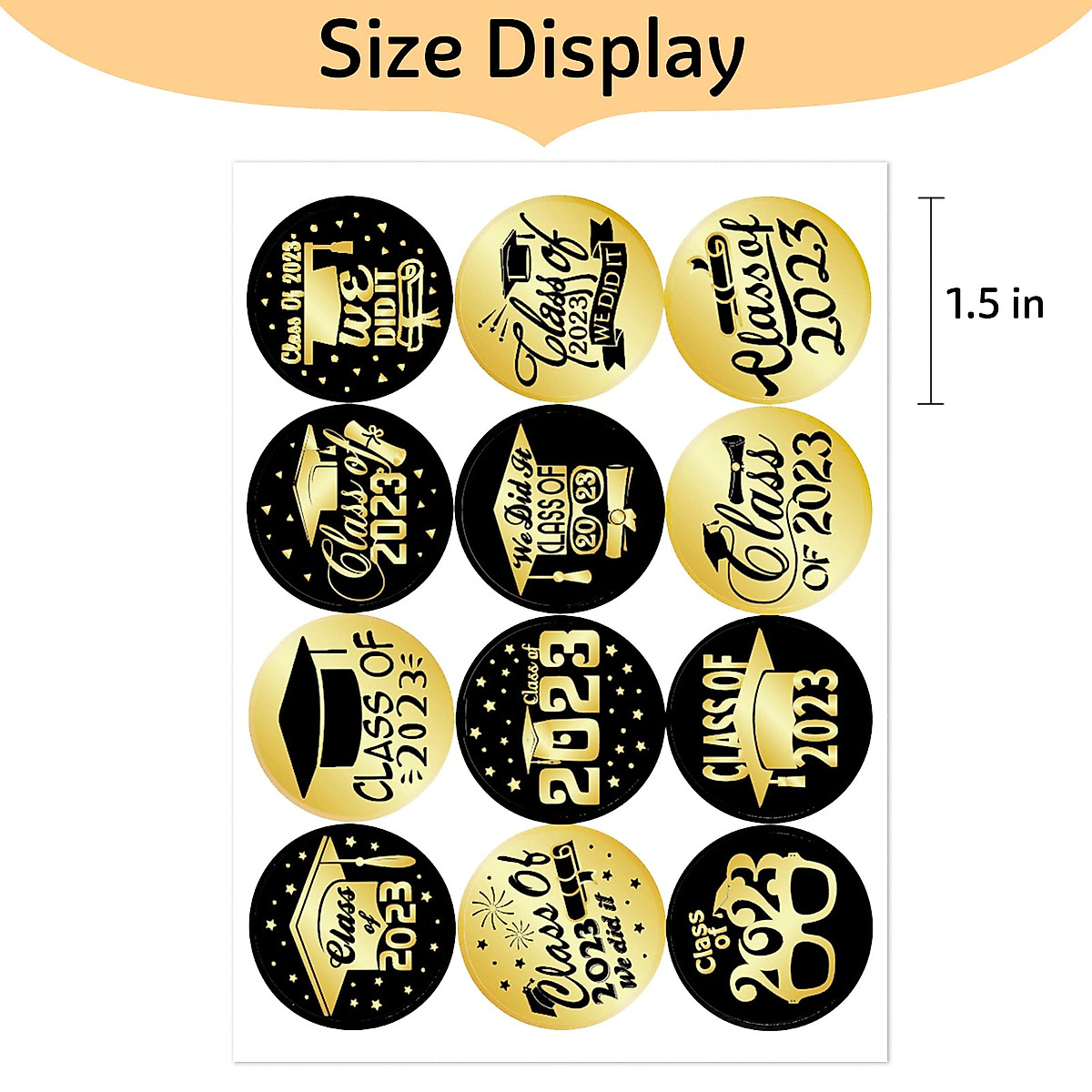 2023 Graduation Stickers, 240 Pieces Class of 2023 Grad Circle Stickers, Graduation Envelope Seals Candy Label Stickers (12 Design) - Black Gold