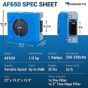 MOUNTO 550cfm Hepa Air Scrubber Industrial Air Cleaner- 550cfm Portable Air Purifier w/Variable Speed, Dual Outlet for Fire/Water Damage Restoration, Construction & Painting, Janitorial, Green House