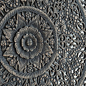 Black Wash Single Bed Headboard, Hand Carved Reclaim Teak Wooden Panels, Wood on Wall Art Hanging, Handmade in Thailand, 36 inches