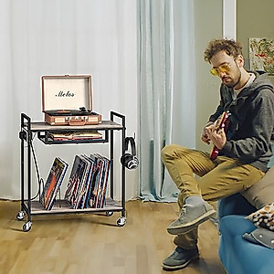 Record Player Stand, Turntable Stand with Charging Station, 3 Tier Record Player Table with 4 Quick-Release Divider, Vinyl Record Stand Storage with 4 Wheels, for Bedroom Living Room and Office, Gray