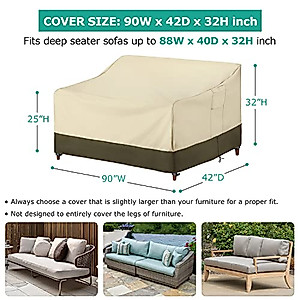 SunPatio Outdoor Couch Cover Waterproof, Patio Furniture Covers for Oversized Sofa Loveseat Bench, Heavy Duty Outdoor Furniture Cover with Air Vents and Handles, 90W x 42D x 32H inch, Beige & Olive