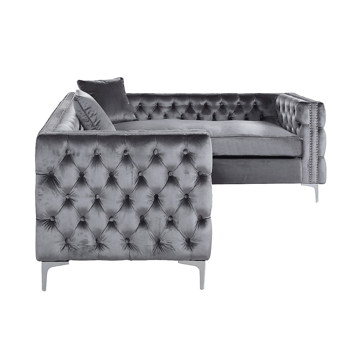Iconic Home Mozart Elegant Velvet Modern Deeply Tufted with Silver Nailhead Trim Chrome Legs Right Facing Sectional Sofa, Grey