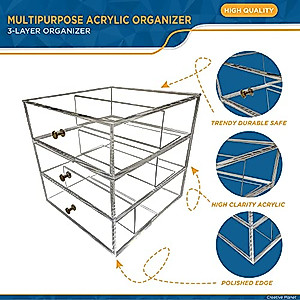 Creative Planet Acrylic Drawer Organizer Storage Drawers for Jewelry Makeup Hair Accessories Cosmetics Sunglasses Toiletries (3-Level-7"x7"x7"-Transparent)