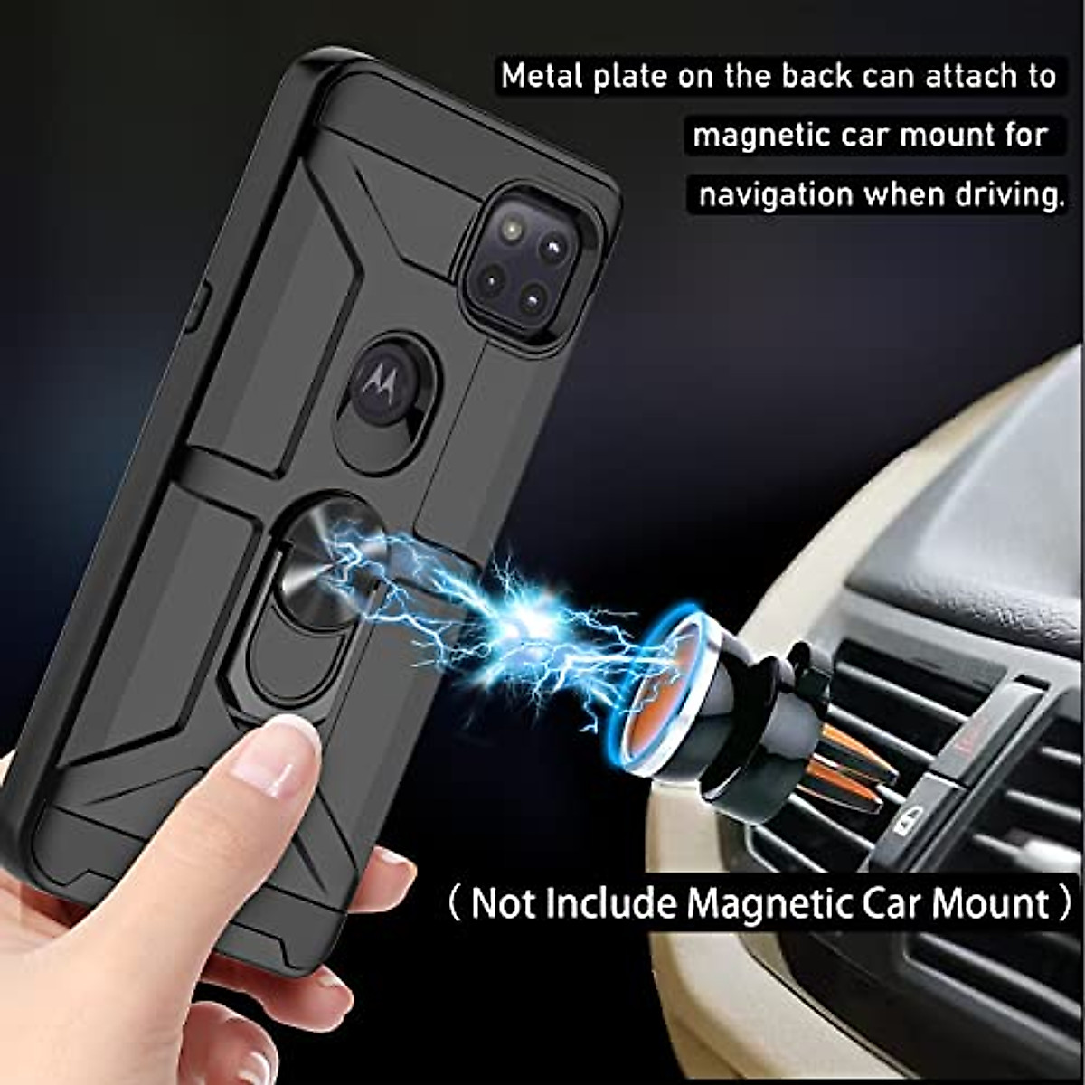 Motorola One 5G Ace Case with [3X Tempered Glass Screen Protector], Built-in Ring Kickstand and Magnetic Car Mount Shockproof Dropproof Military Grade Armor Rugged Case for Moto One 5G Ace - Black