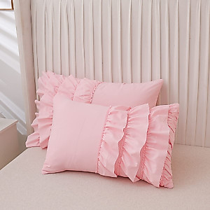 NTBED Waterfall Ruffled Comforter Set Blush Casual Textured for Girls Kids All Season, Soft Chic Princess Bedding Set with Matching Pillow Shams(Pink,Queen)