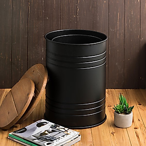 Glitzhome Rustic End Table Set of 2, Farmhouse Galvanized Metal Barrel Ottoman Storage Stool with Round Wood Lid for Living Room Furniture, Black