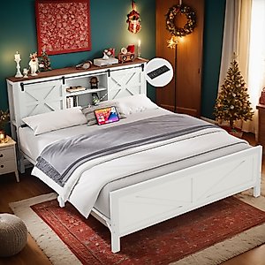 YITAHOME Farmhouse Queen Size Bed Frame with Headboard, Bookcase Storage Shelves, Sliding Barn Door, Charging Station, Rustic Wood Platform Bed, No Box Spring Needed, White
