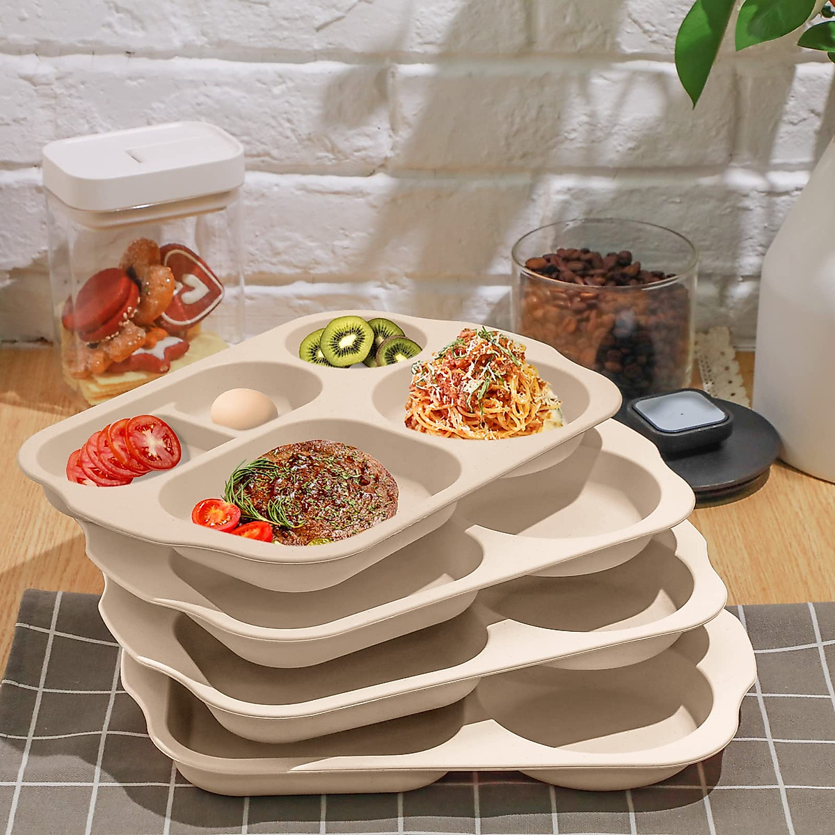 8 Pcs Large 12 Inch Unbreakable Divided Plates Section Plates Kids Food Tray 5 Compartment Plates Wheat Straw Toddlers Lunch Trays for Kid Toddler Children Adult Microwave Dishwasher Safe (Beige)