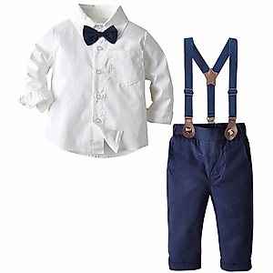 SANGTREE Baby Boys Dress Clothes, Toddlers Boys Long Sleeves Button Down Dress Shirt with Bowtie + Suspender Pants Set Gentlemen Outfit, 1# White, 18-24 Months