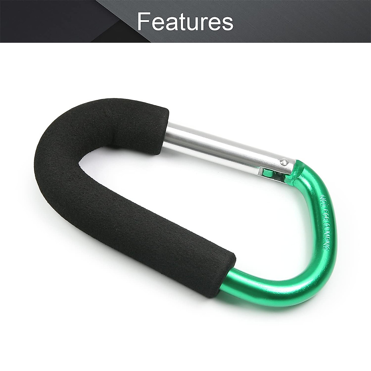 MroMax 1PC Stroller Hooks, 5.5inches Carabiner Clip, Green Easier Travel Hook, Dog Stroller Leash Hook, Soft Foam Grip, Purse Holder, Large Clips for Hanging Bags, Backpack, Diaper Organizer