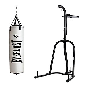 Everlast Dual Station Heavy Bag and Speed Bag Stand with 60 Pound NevaTear Heavy Punching Bag for Mixed Martial Arts and Boxing, Black/Platinum