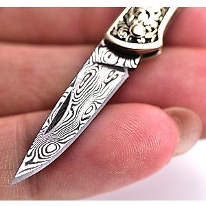 JPCRMOV Mini Pocket Knife Damascus Keychain for Women, Small Folding Knife EDC Compact Knife, Abalone Shell Handle, Blade Length 1.06", Weighs only 9 Grams