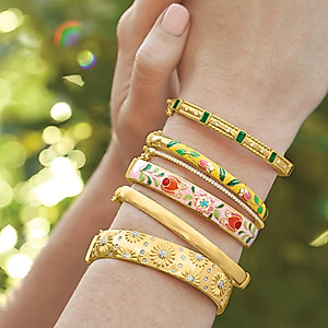 Ross-Simons Yellow and Multicolored Enamel Floral Bangle Bracelet in 18kt Gold Over Sterling. 8 inches