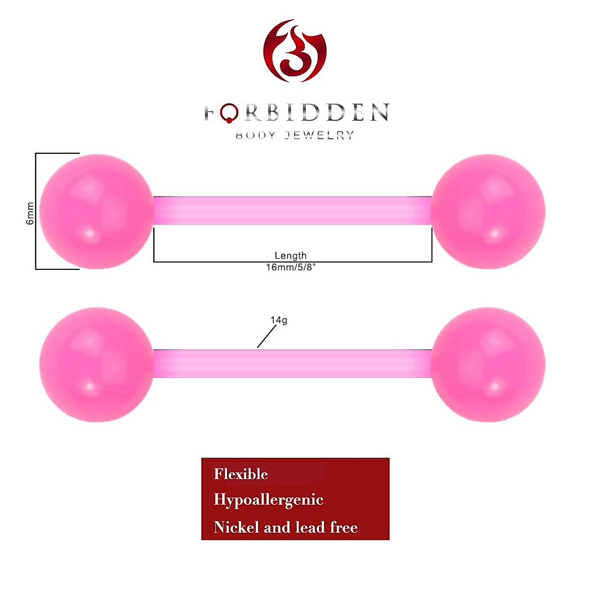 Forbidden Body Jewelry Nipple Rings, Tongue Rings, Nipple Piercing Jewelry, Nipple Jewelry, Pink Flexible Acrylic Barbell Set 14G 16mm (5/8 Inch), 3 Pack