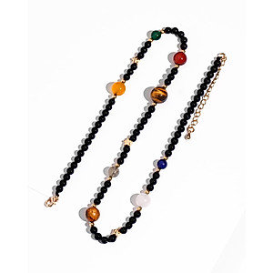 Jewever The Eight Planets Guardian Star Choker Necklace for Women Black Agate Beaded Crystal Necklace Universe Galaxy Healing Crystals and Gemstones (16"+2")