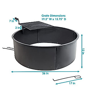 Sunnydaze 36-Inch Heavy-Duty 2mm Thick Steel Wood-Burning Fire Ring with Cooking Grate and Fire Poker