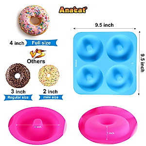 Anaeat Full Size Donut Baking Pans 3 Pack, Big Size 4 Inch Silicone Baking Mold, Just Pop Out! Non Stick 6-Cavity Doughnut Trays for Bagels Donuts Cake Biscuit - BPA Free & Dishwasher Safe (3 colors)