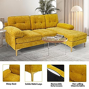 TEKAMON Yellow Sectional Sofa Couch for Living Room, Samll couches for Small Spaces, Chenille Fabric L- Shaped Sofa, Modern Loveseat Sofa with Chaise, Removable Covers，Convertible/Reversible Couch