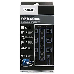 Prime Wire & Cable PB504142 12-Outlet Premium Electronics with 14-3 SJT 6-Feet Cord, Black