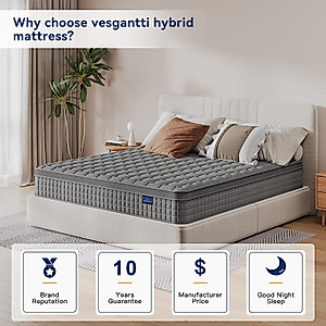 Vesgantti 12 Inch Multilayer Hybrid King Mattress - Multiple Sizes & Styles Available, Ergonomic Design with Memory Foam and Pocket Spring, Medium Firm Feel, Grey