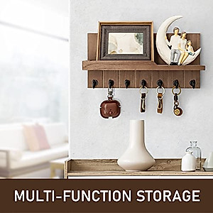 Rebee Vision Key Holder for Wall - Farmhouse Rustic Mail Organizer Floating Shelf for Home Kitchen Entryway Decor with 7 Sturdy Key Hooks (Retro Brown)