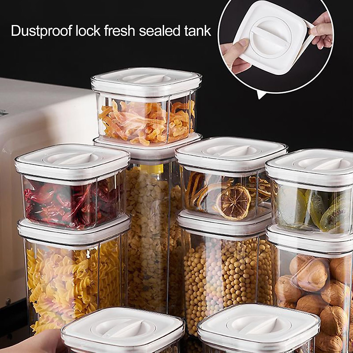 jyibinee Cereal Storage Box, Large Capacity Transparent Sealed Food Container, Airtight Food Storage Container Sealed Storage Tank for Kitchen Black 600ML