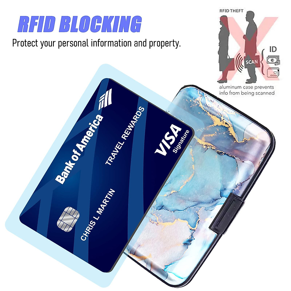 Maicican Mini RFID Blocking Aluminum Wallet, Slim Metal Hard Case Travel Credit Card Holder, Card Case for Both Men and Women, 4.3 x 2.9 inches,Blue Marbling
