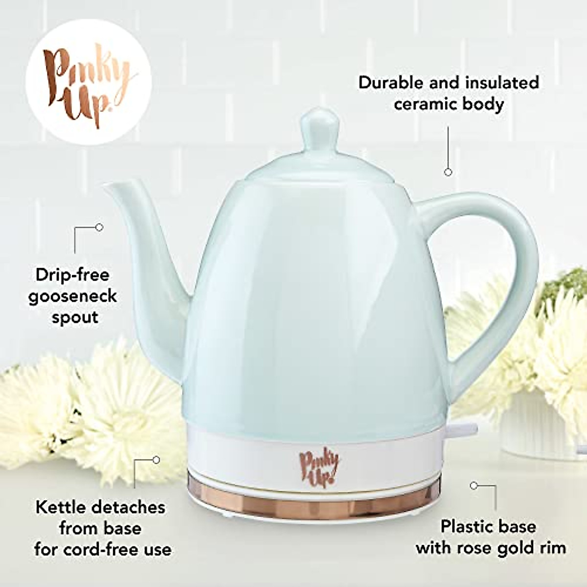 Pinky Up Noelle 1.5 L Ceramic Electric Tea Kettle, Mint, Rose Gold, Gooseneck Spout, Cordless Design