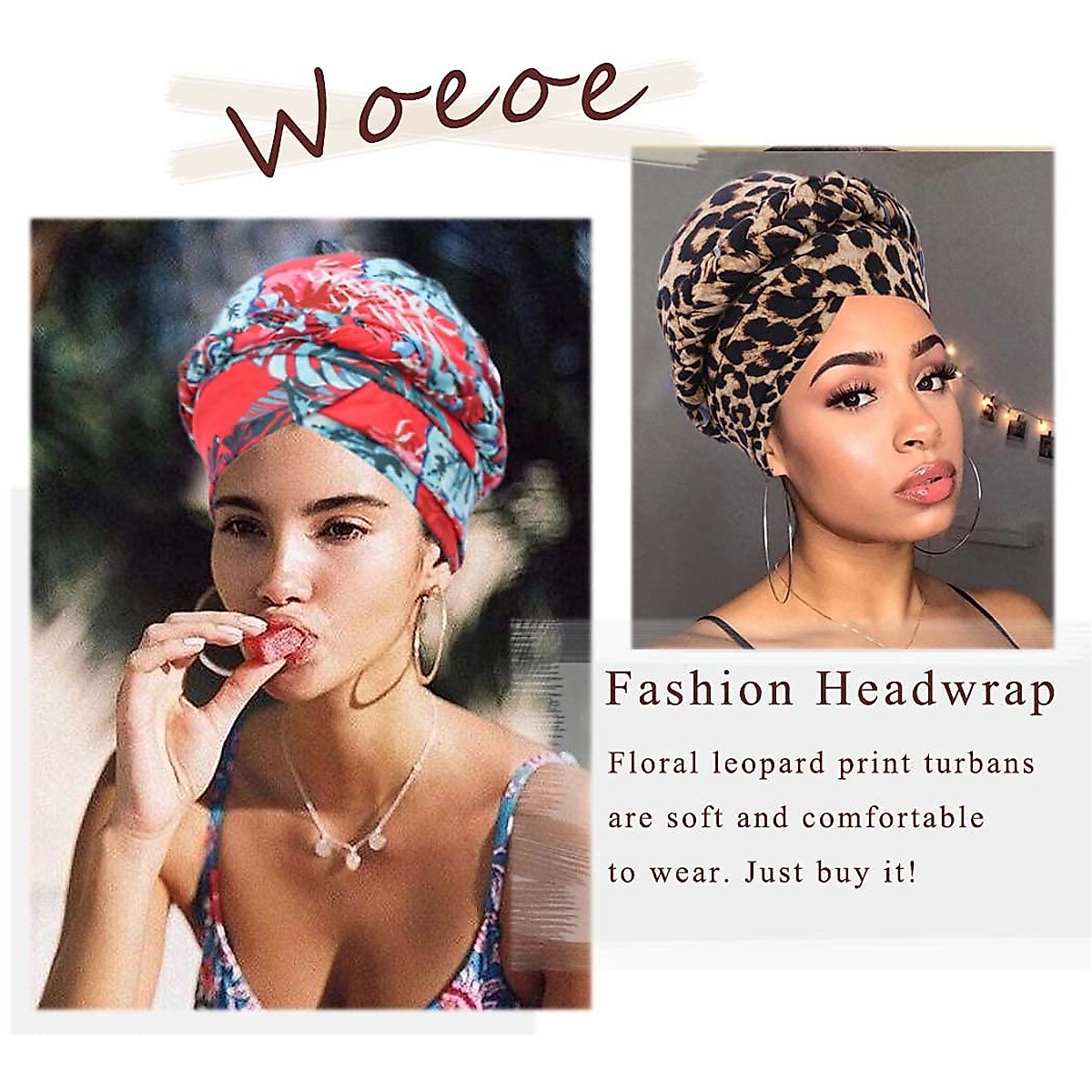 Woeoe African Turban Leopard Print Stretch Headwear Print Pattern Head Scarf Elastic Beanie Cap Head Wrap for Women and Girls(2 Pieces)