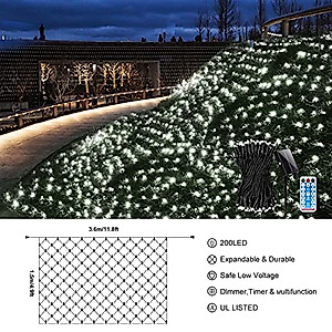 IKNHYEG Outdoor Net Lights Solar Powered Mesh Lights 11.8 x 4.9FT Garden Tree Lights Solar Outside Bushes Lights Waterproof with 8 Modes Timer for Curtain,Balcony,Gazebo(White)