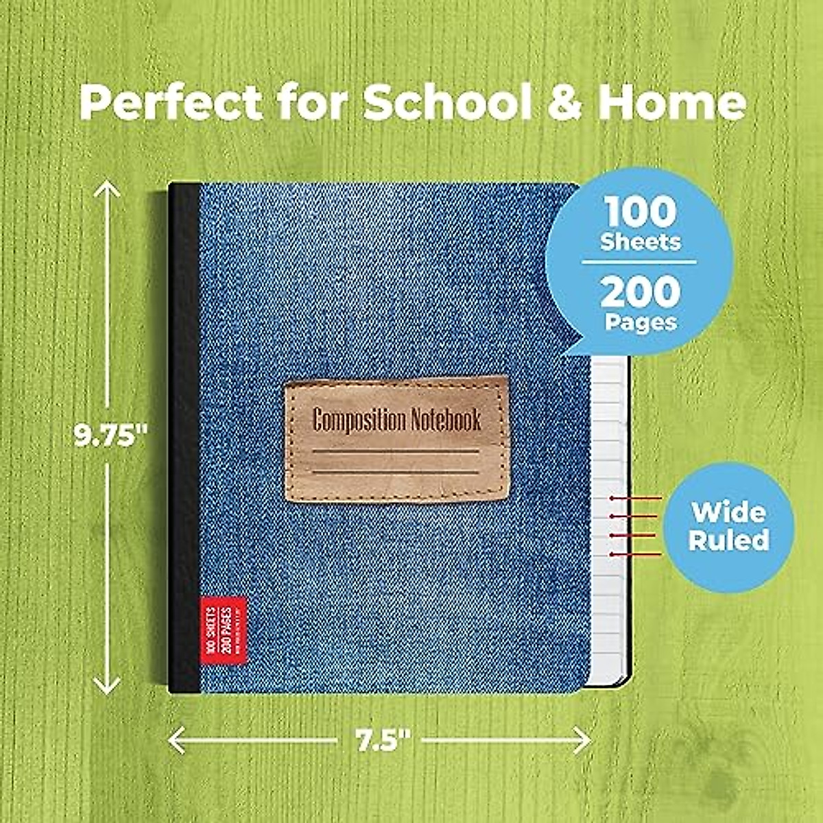 E-CLIPS USA Composition Notebook Wide Ruled, Aesthetic Composition Notebook, Hard Cover, Jean Print Preppy Composition Notebook, 100 sheets 200 Pages (3 Pack)