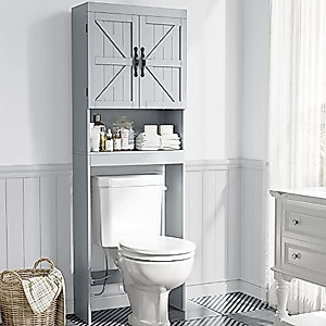 SRIWATANA Over The Toilet Storage Cabinet, Bathroom Organizer with Adjustable Shelf, 2-Door Toilet Storage Rack, Gray