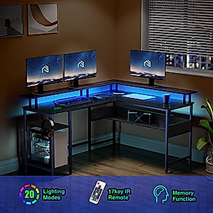 Rolanstar Computer Desk L Shaped with LED Strip & Power Outlets, Reversible L Shaped Computer Corner Desk with Monitor Stand, Home Office Gaming Desk with USB Port&Hook, Black