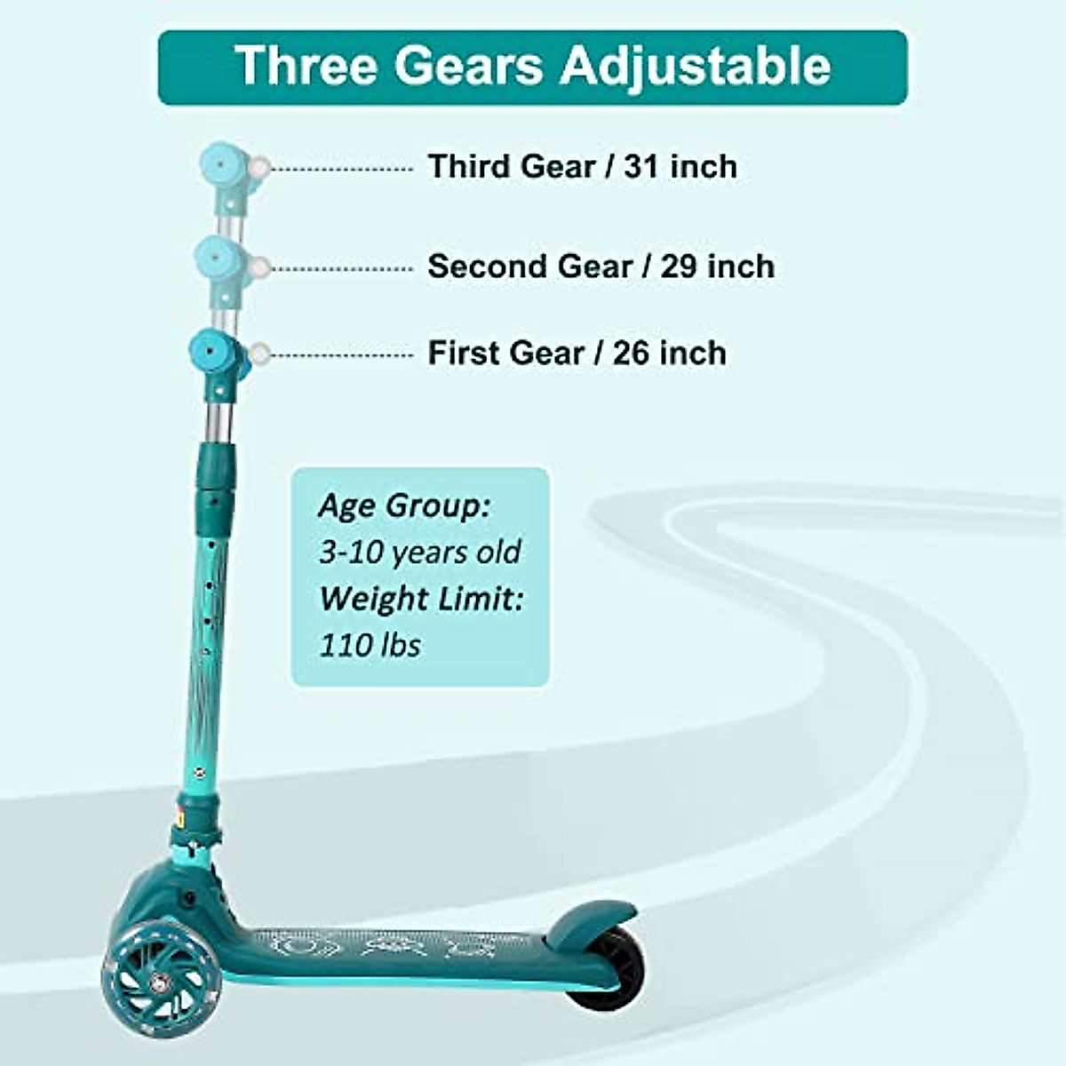Kick Scooter for Kids, Wheel with Brake, Adjustable Height Handlebar, Foldable, Lightweight, Aged 3-10, Wide Standing Board, and up to 110LBS, Green