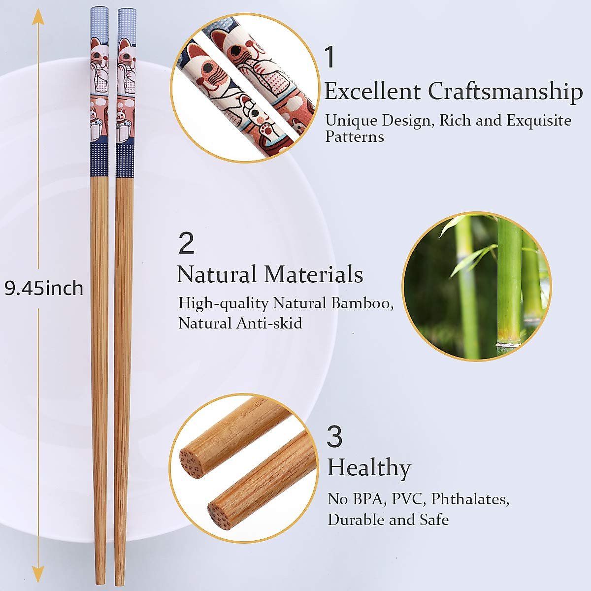 GLAMFIELDS 10Pairs Handmade Natural Bamboo Chopsticks Healthy Asian Japanese Korean Noodles Sushi Chopsticks set Reusable Gift Tableware-Cute Cat Drawing