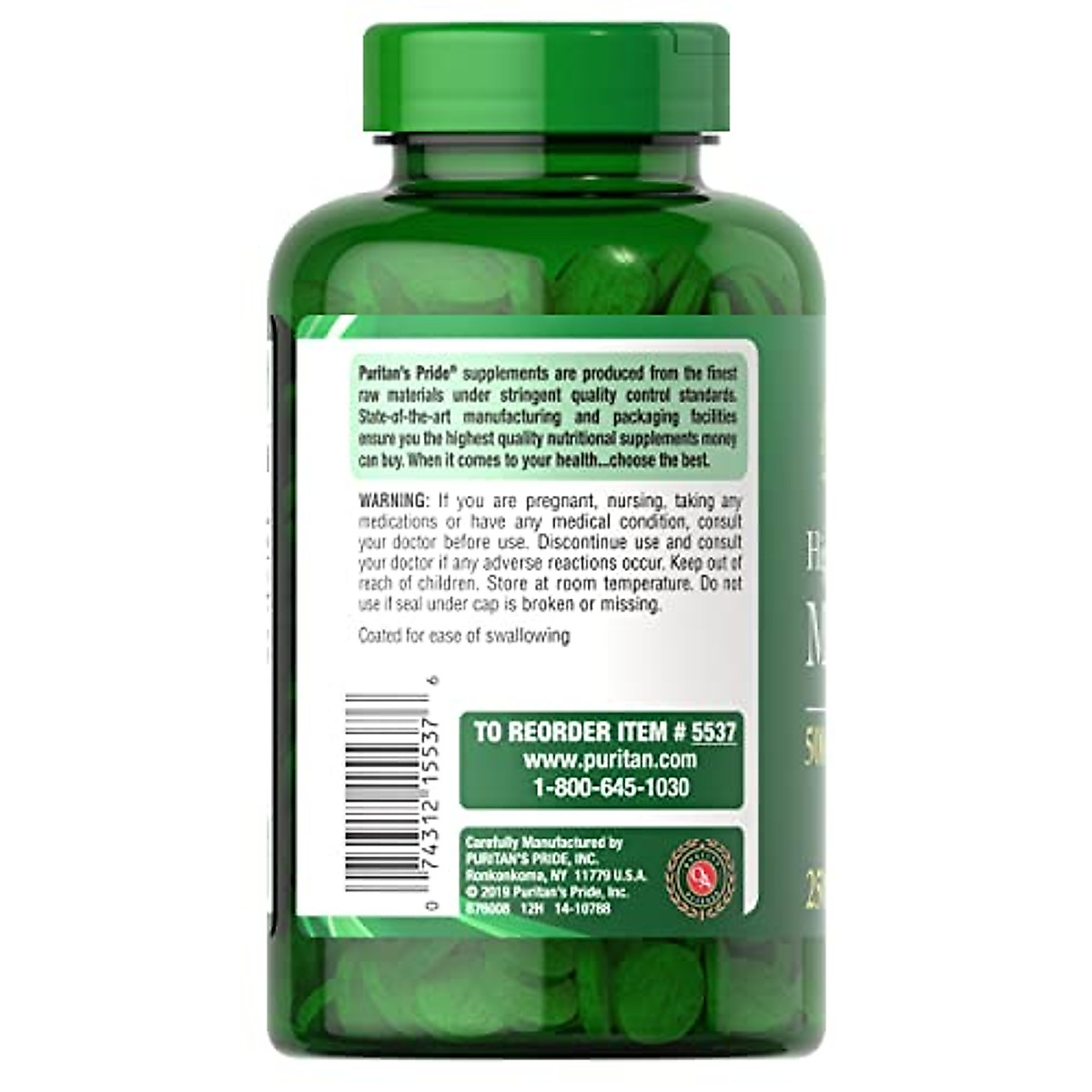 Puritans Pride Magnesium 500 Mg-250 Tablets, 250 Count